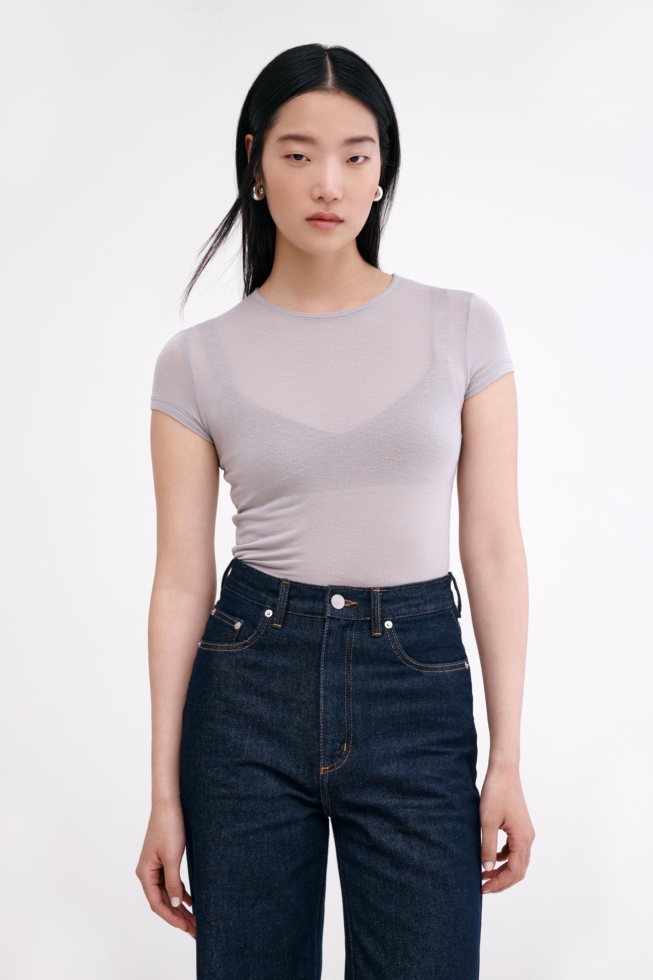 Light Grey Fitted Sheer T-Shirt For Women - Sara Tee | Marcella