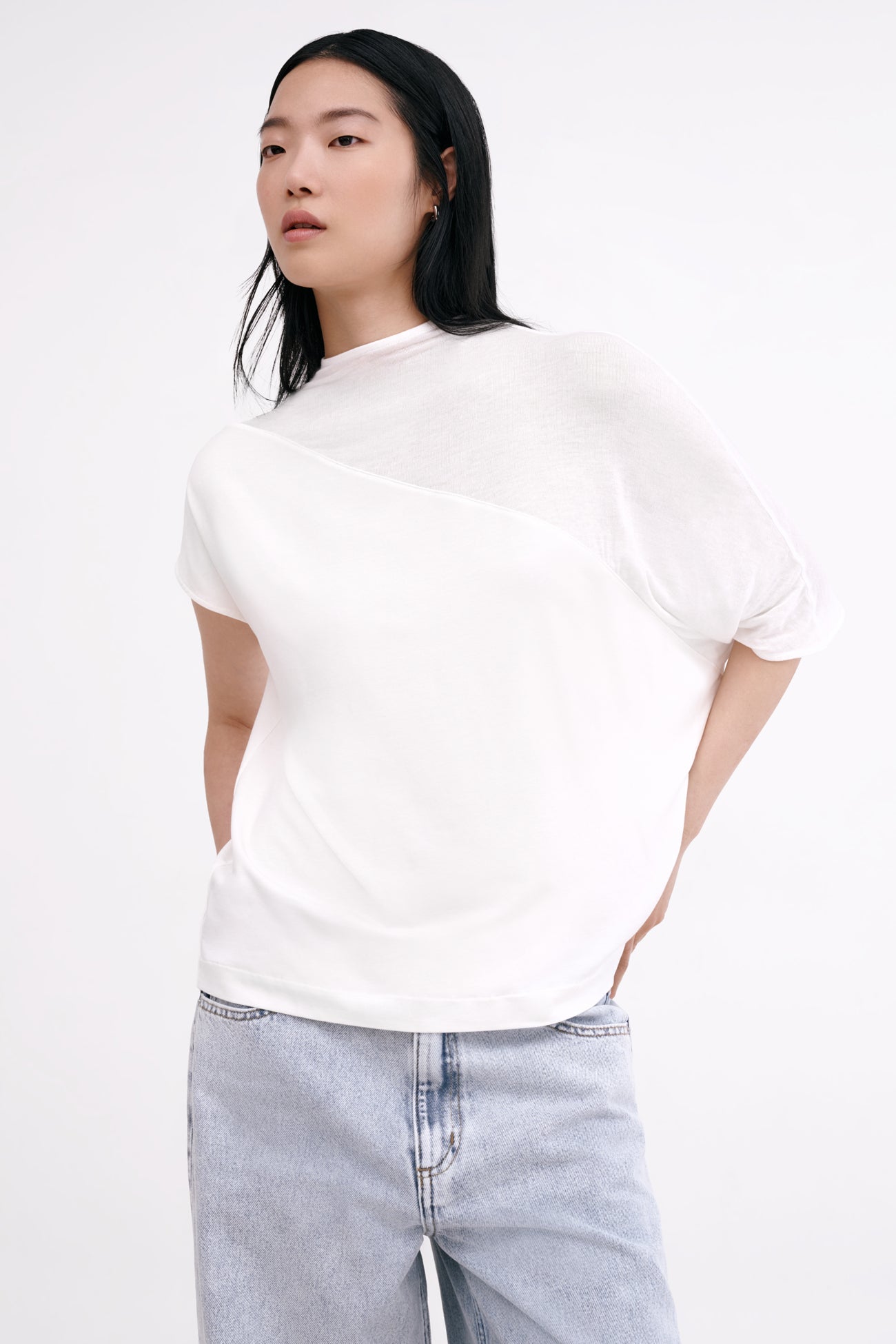 Funnel-Neck Top w White Contrasting Textures - Ariel Top | Marcella