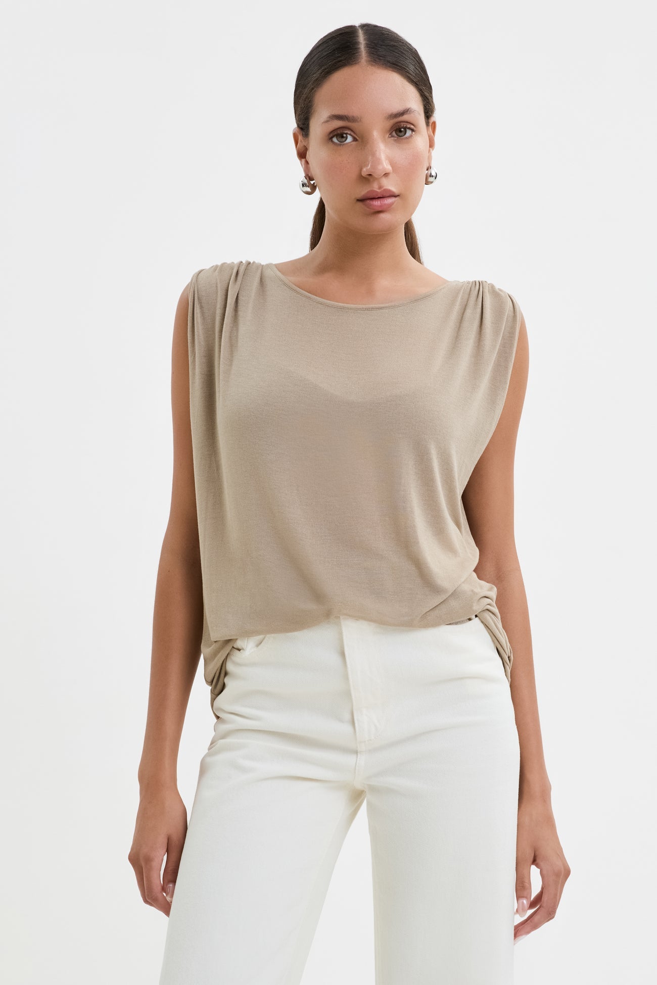 Sand Beige Sleeveless Drape Top - Greenwich Village Top | Marcella